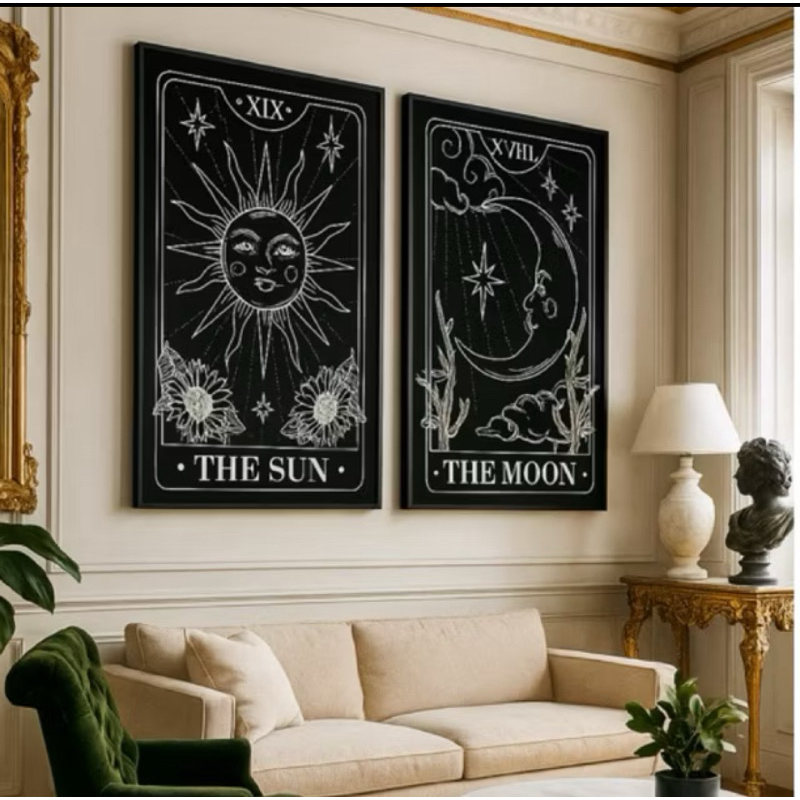 Par de Quadros Decorativos Cartas de Tarot Sol e Lua - Minimalista ...