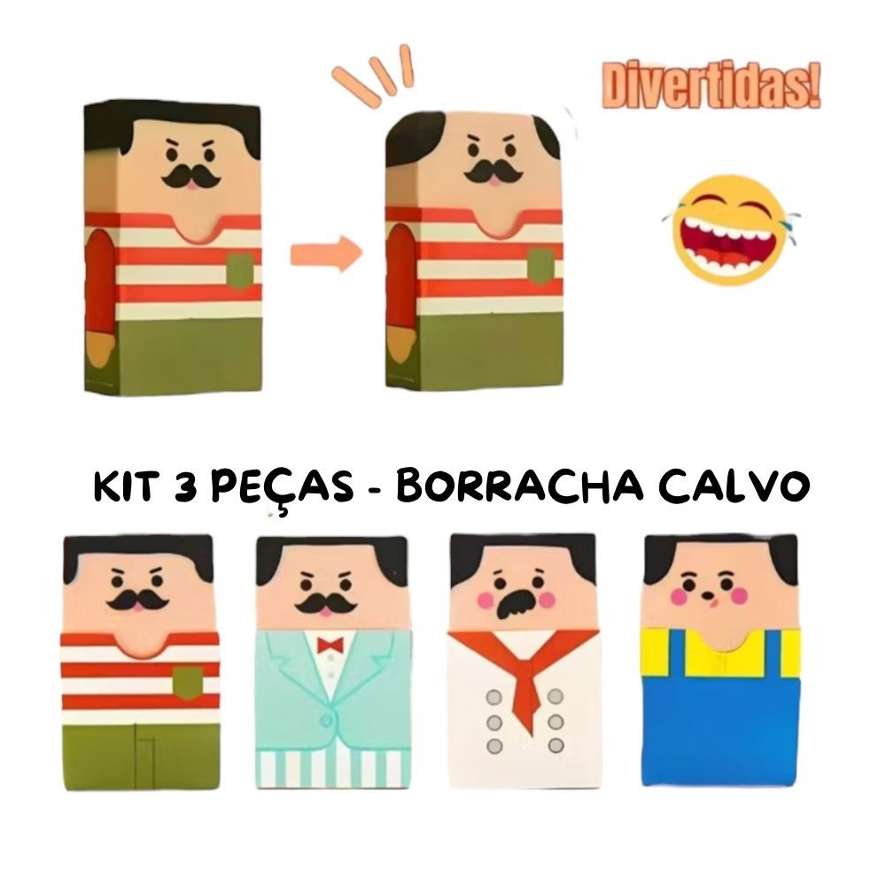 Kit 3 Borracha Calvo Criativa Escolar – Borracha Fofa Antiestresse ...