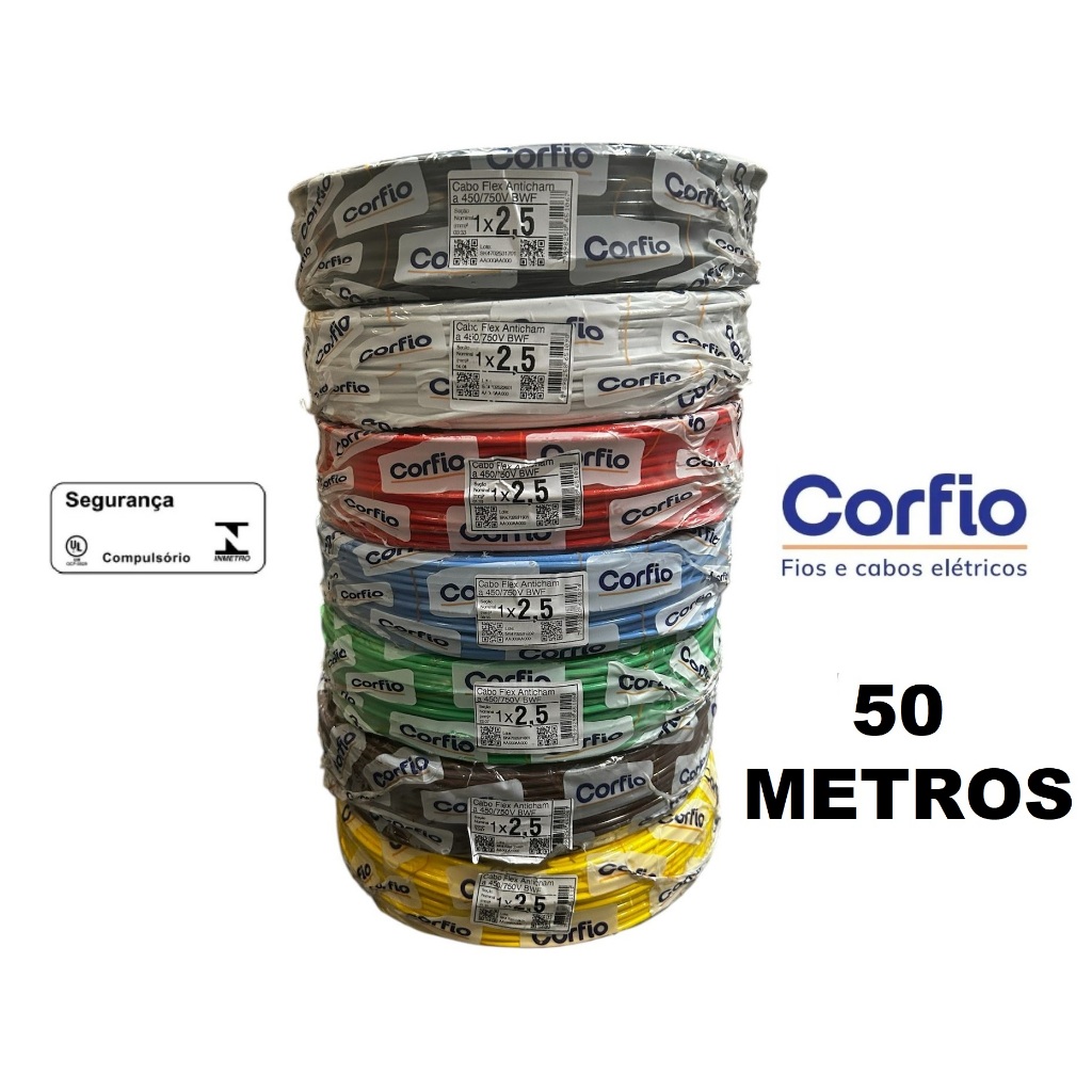 50 METROS DE FIO FLEXIVEL 750V 2,5MM CORFIO 100% COBRE ELETROLÍTICO ...