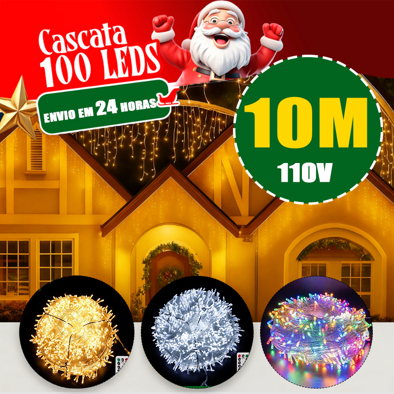 Cascata 100 Leds 10m Branco Quente Natal 8 Funções 110V Pisca Fixo ...