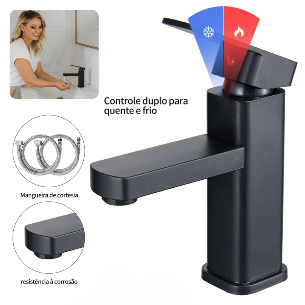 Torneira para Banheiro Água Fria e Quente ABS Preto Monocomando Design ...