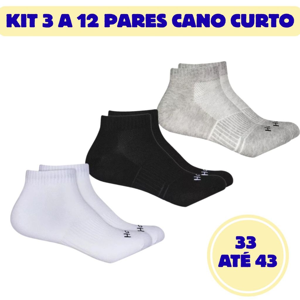 Kit 3/6/9/12 Pares de Meias Cano Curto Branca Preta Cinza Hoahi ...