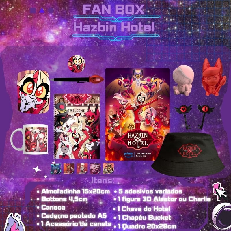 Fan Box Hazbin Hotel/ kit com Botton, Caneca, Caderno, Quadro, Bucket ...