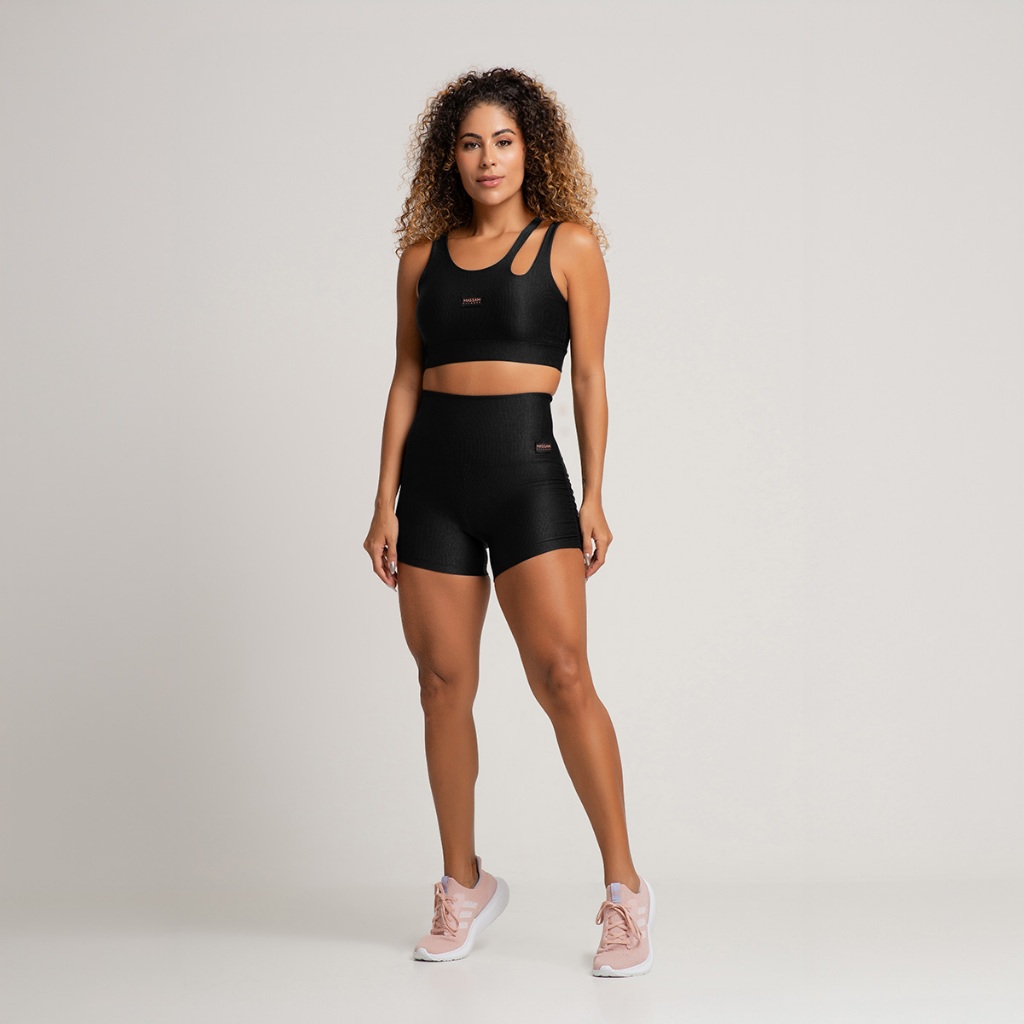 Conjunto Top e Short Canelado Poliamida Preto Massam Fitness | Shopee ...