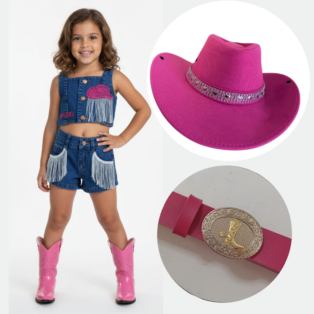 Kit Country Luxo Infantil Menina Cropped Short Franjas Cowboy Boiadeira ...