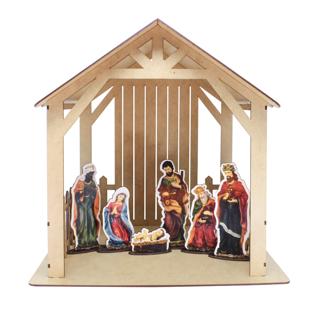 Presépio Natal MDF + Estábulo Decorativo 6 Figuras Corte Laser ...