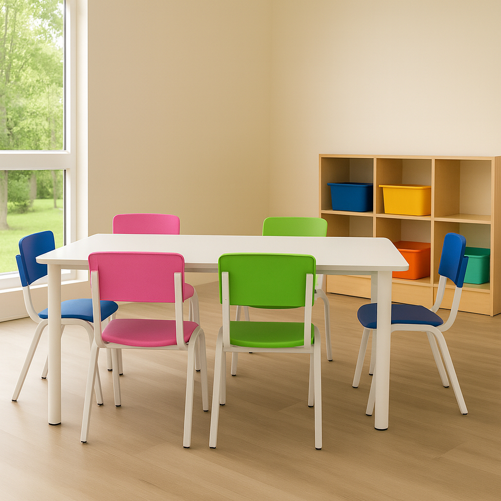 Mesa Infantil Branca MDF Refeitório Escola Creche 120x70 Com 6 Cadeiras ...