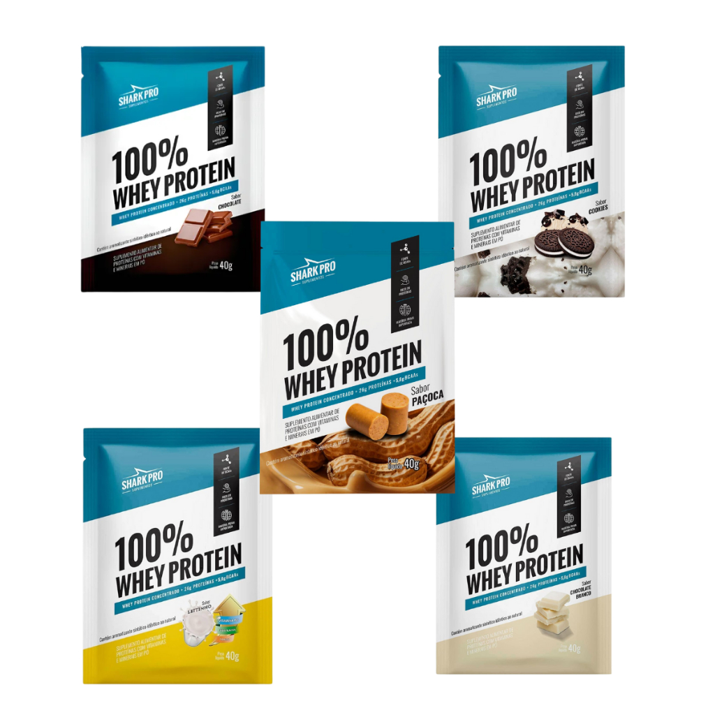 Kit 5un Sachê 100% Whey Protein 40g - Shark Pro | Shopee Brasil