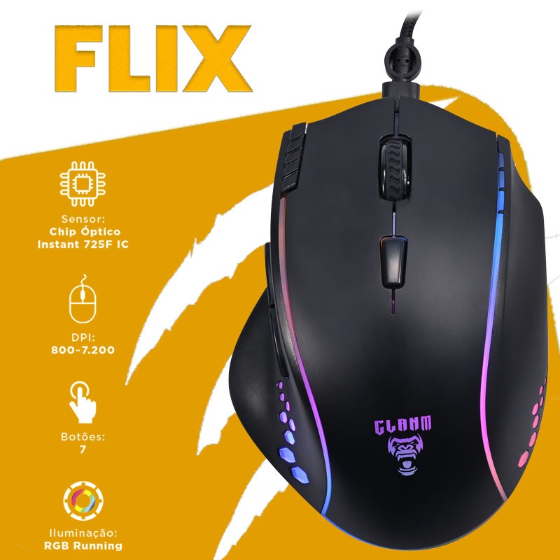 MOUSE GAMER FLIX CABO USB LUZES RGB 7200DPI PRETO FOSCO CABO TRANÇADO ...