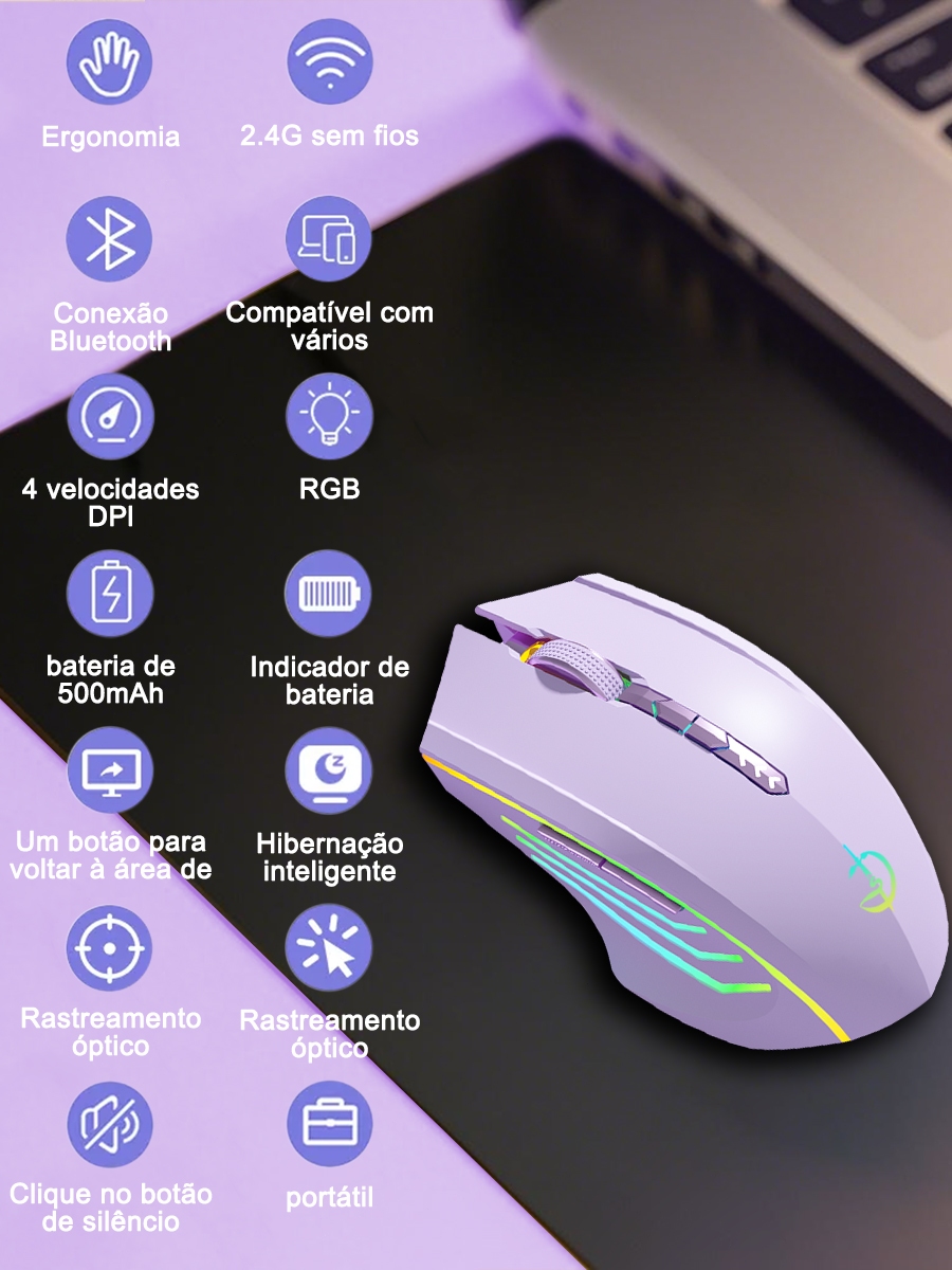 Mouse Roxo RGB Dinâmico Sem Fio 2.4G/BT Ergonômico Silencioso Bateria ...