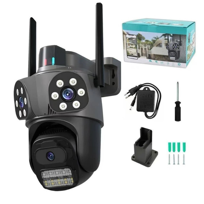 Câmera de segurança Wi-Fi externa 3 lentes, 360°, zoom óptico, visão ...