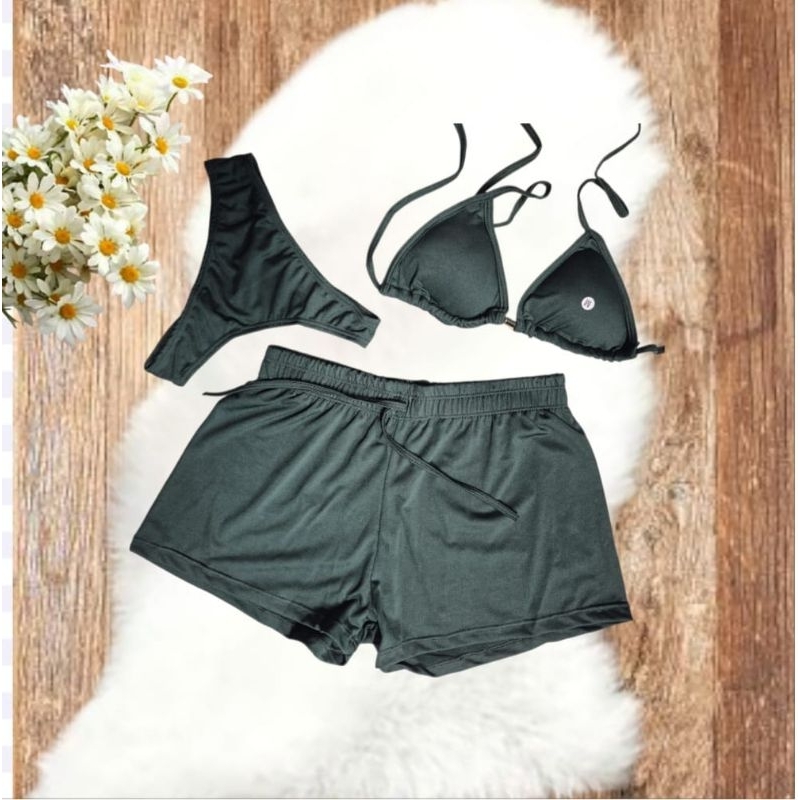 Biquíni 3 Peças Liso Com short , trikini - Tendência Moda Verão Praia ...