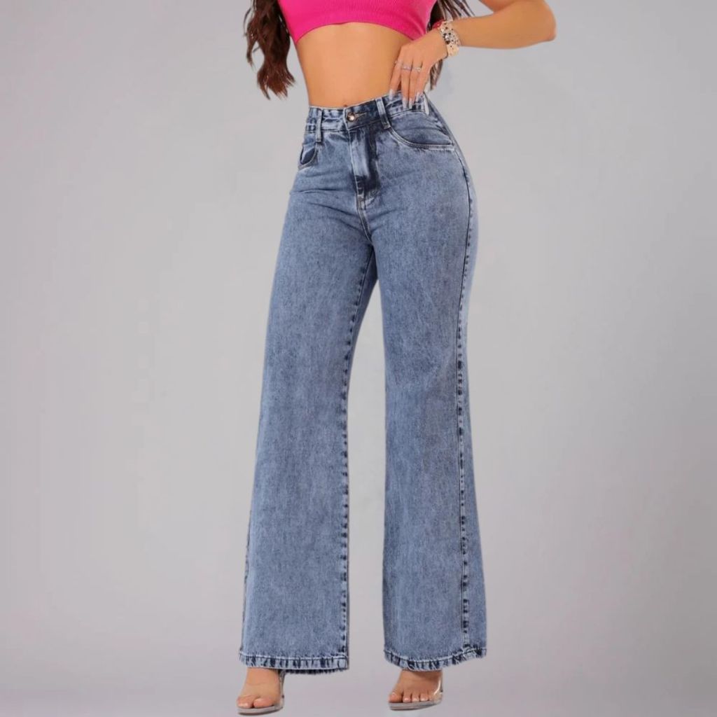 Calça Wide Leg Jeans Feminina Marmorizada Clara Cintura Alta 100% ...