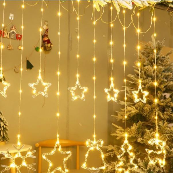 Cortina de Luz LED Amarela em Cascata com Estrela, Lua, Papai Noel e ...