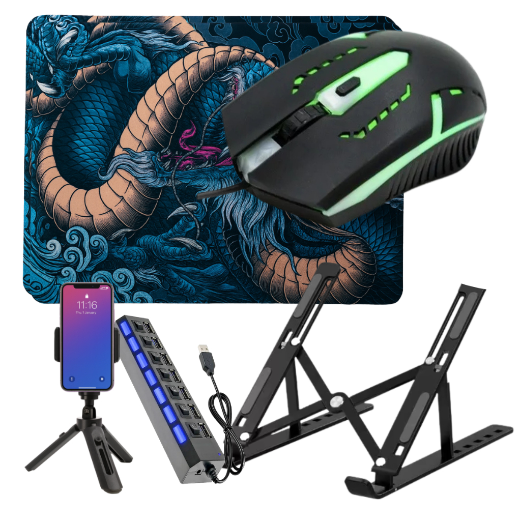 Kit Completo para Notebook com Suporte 360° + Mouse Gamer + Hub USB ...
