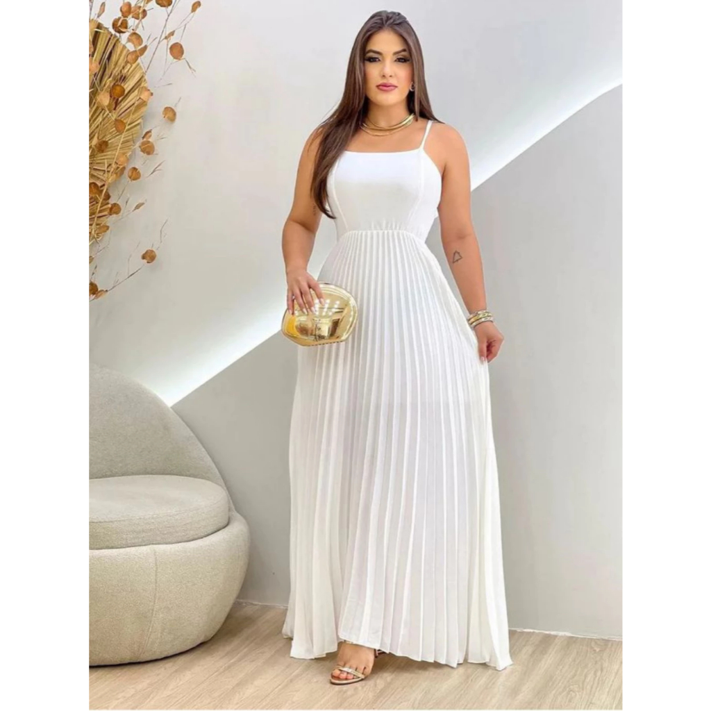Vestido Feminino Longo Plissado Com Bojo Tercido Duna Para Festa Ano ...