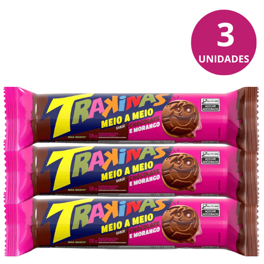 Kit 3x Biscoito Recheado Trakinas Meio A Meio Chocolate E Morango 126g ...