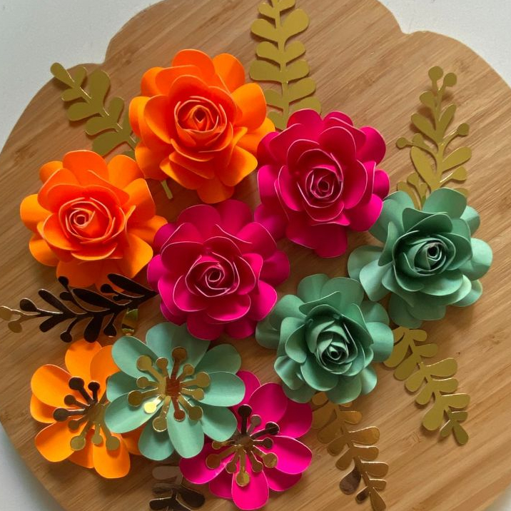 Kit 9 flor de papel / topper de bolo - Rosa pink, Laranja neon e verde ...