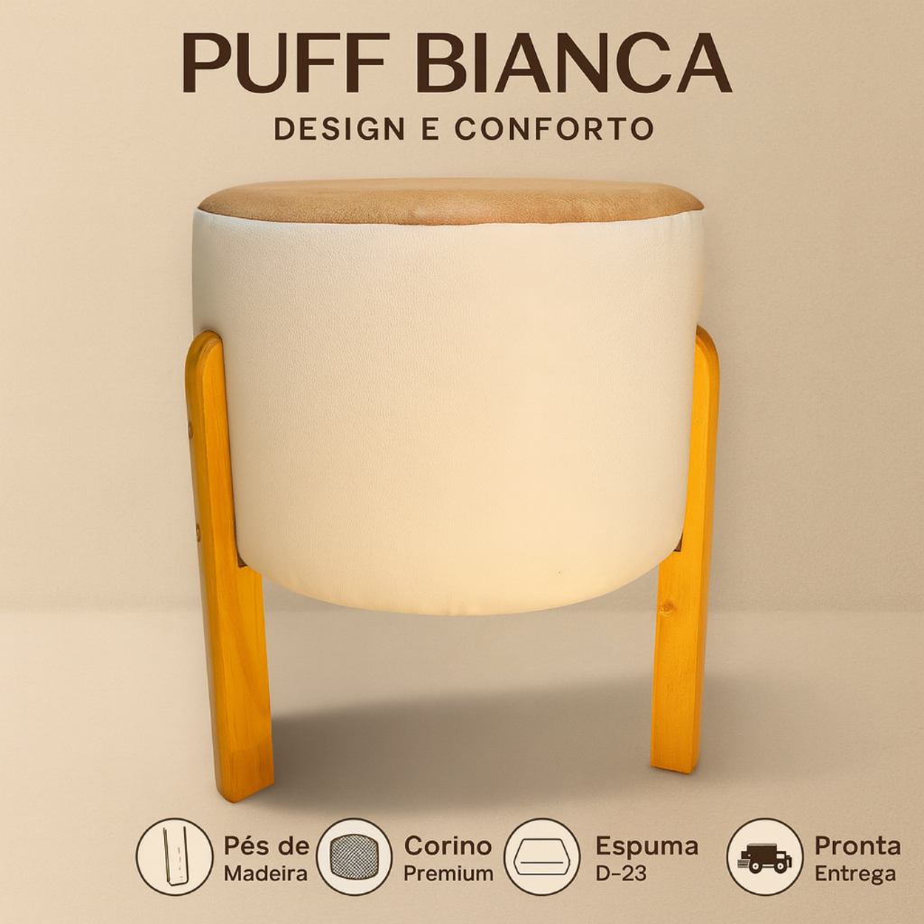 Puff Bianca Pés de Madeira Moderna para Sala Penteadeira Quarto Closet ...