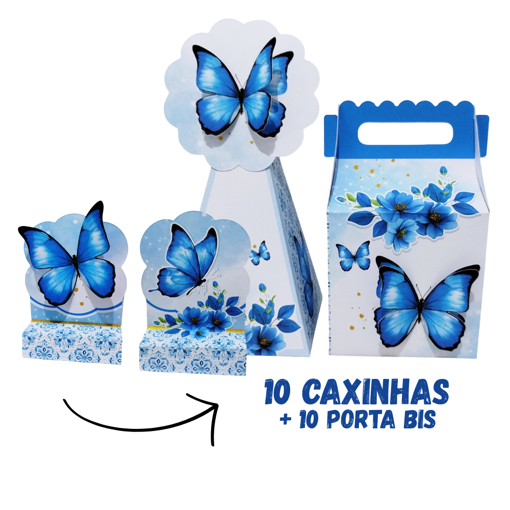 10 caixinhas + 10 porta bis - tema borboleta azul jardim encantado ...