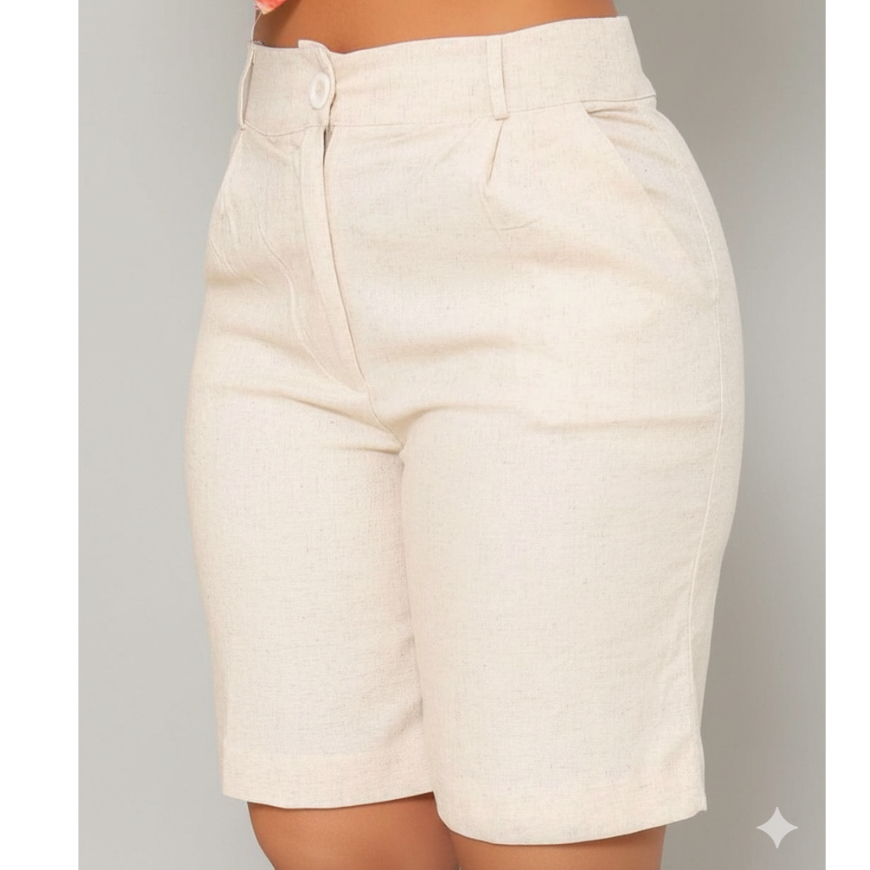 Short Feminina Tecido Linho Com Bolso Zíper na Frente Moda Casual ...