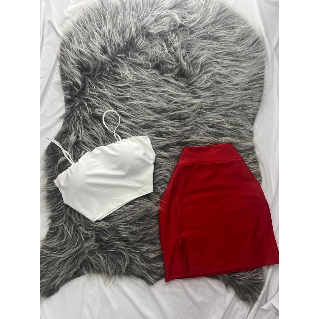 Conjunto feminino Natal e ano novo saia fenda vermelha e cropped branco ...