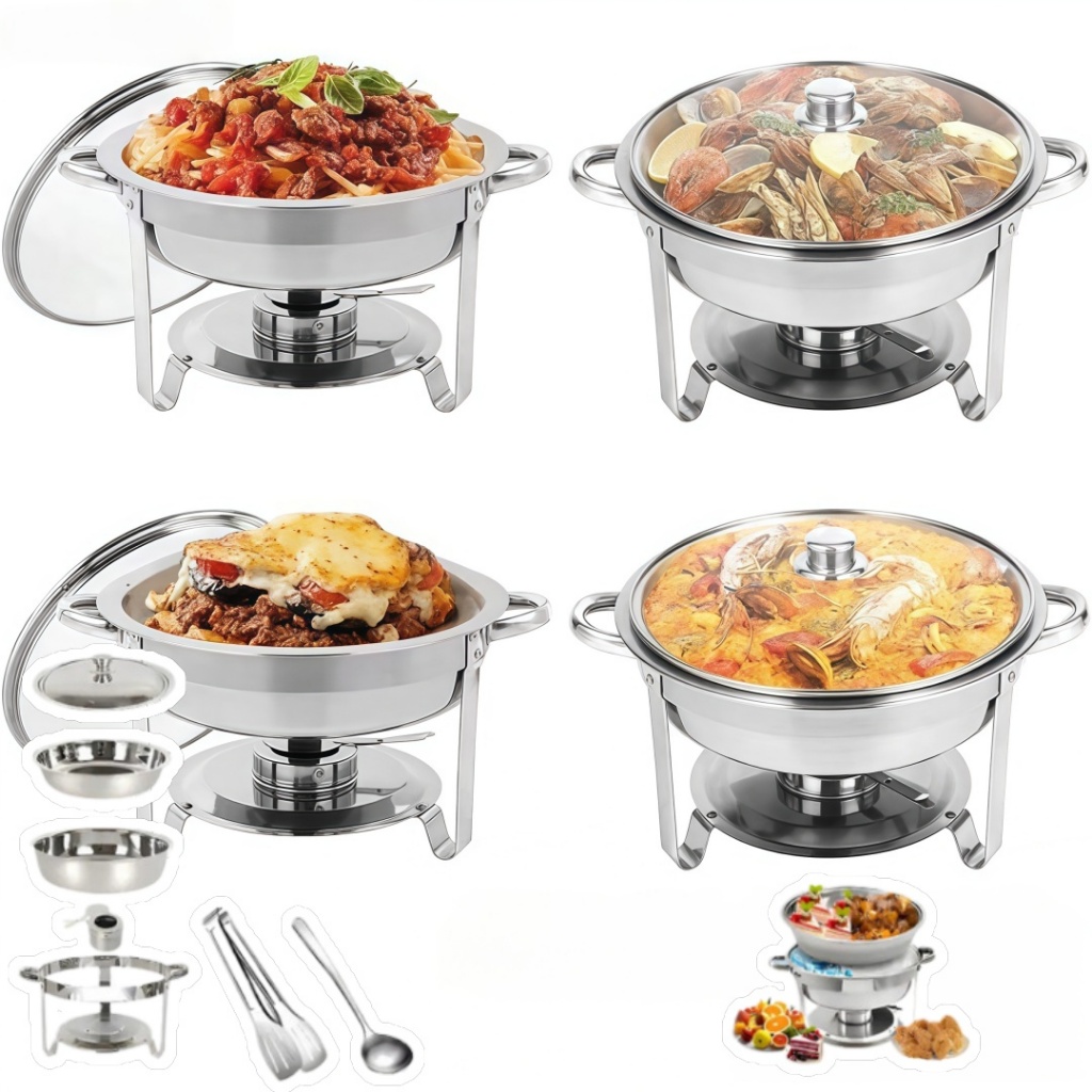 Rechaud Inox 8L Redondo p/ Buffet | C/ Tampa de Vidro | Mantém Comida ...