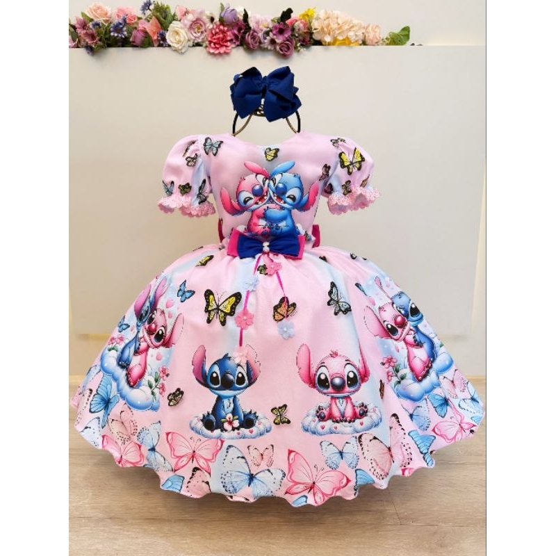 Vestido Infantil Rosa Claro da Lilo Stitch e Angel Luxo | Shopee Brasil