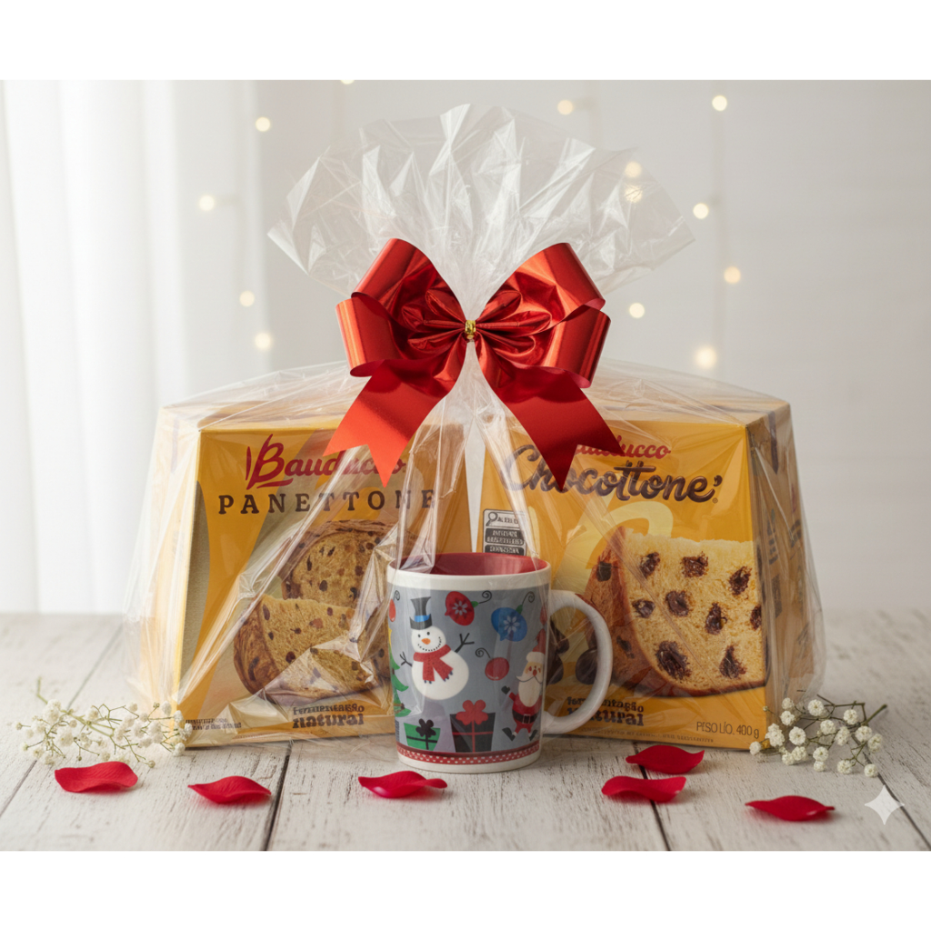 Kit Cesta Presente Natal Panettone Com Chocottone Bauducco E Caneca De