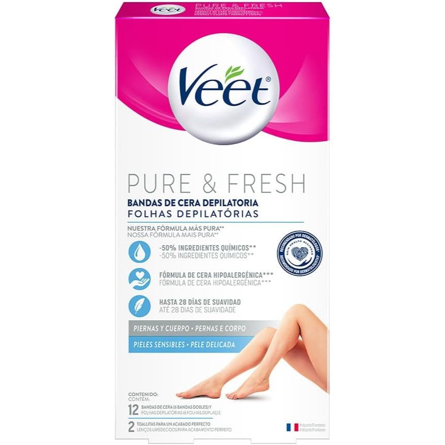 Cera Fria Depilatória Veet Pure & Fresh 12 Folhas | Pernas, Corpo Pele ...