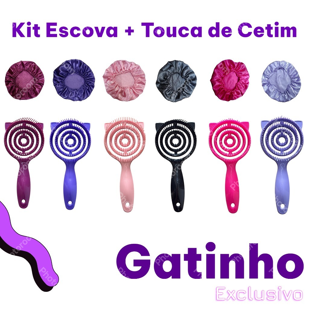 Kit 20 - 10 Escovas Gatinho + 10 Toucas de Cetim pra cabelo - Anti ...