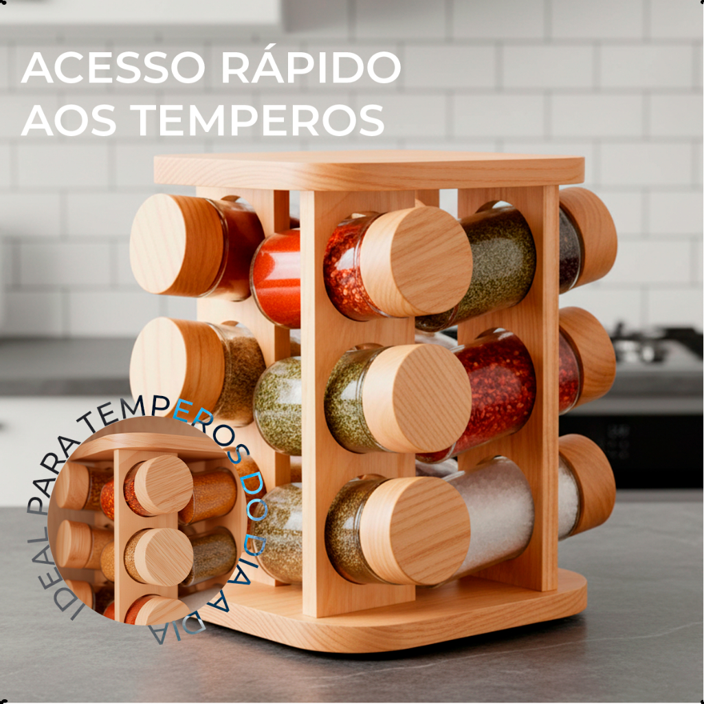 Porta Temperos Giratório 12 Potes em Vidro – Bambu Natural Para Um ...