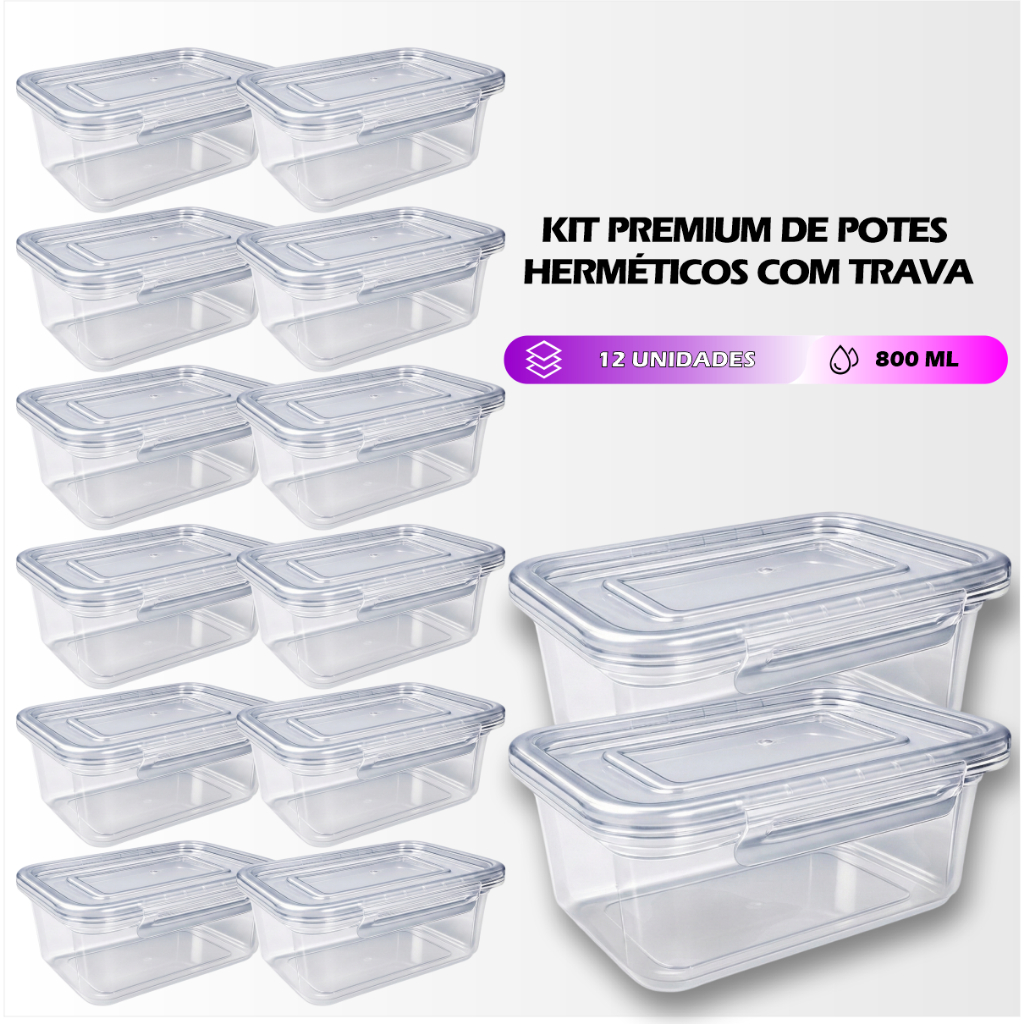 Kit 12 à 5 Potes Com Travas Marmitas Fitness Herméticos – 800ml para ...