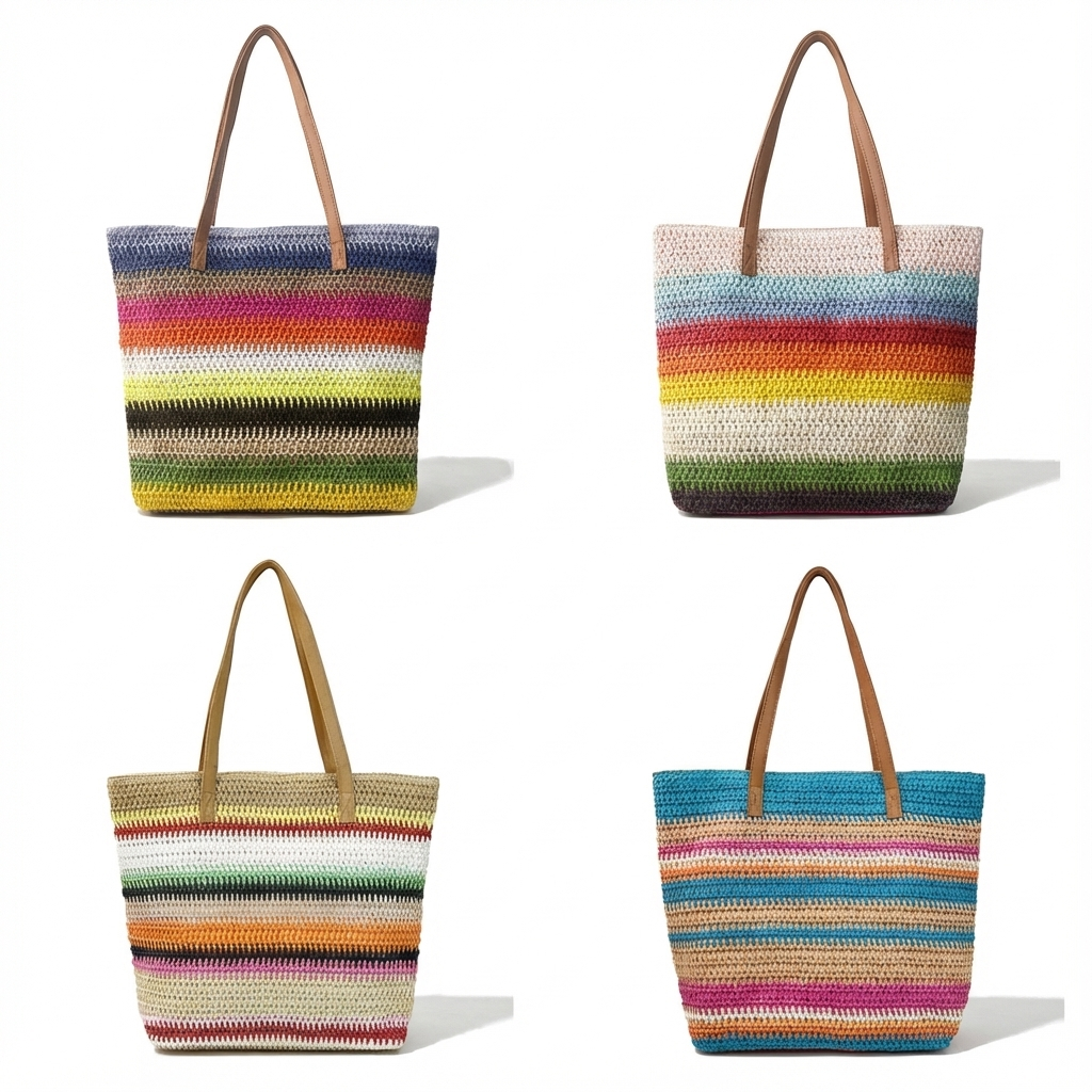 Bolsa de Praia Feminina Grande Tecida à Mão Listrada Colorida Estilo ...