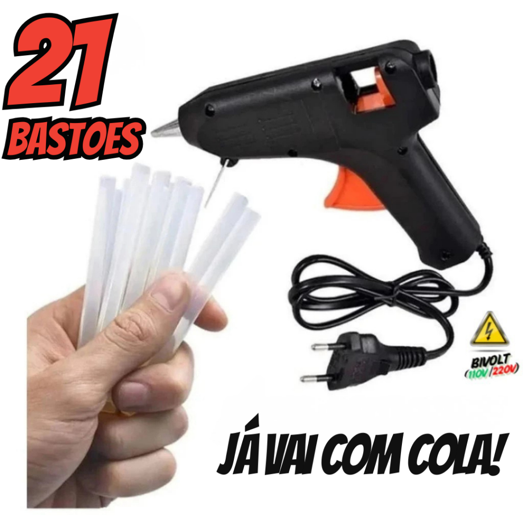 Pistola de Cola Quente Pequena 20W Com Bico de Ferro + 32 Bastões de ...