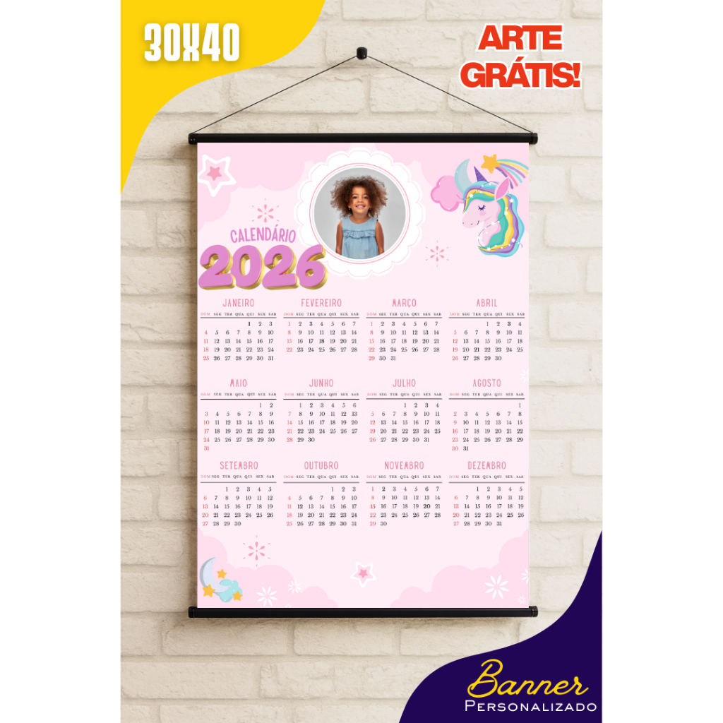 Mini Banner Calendário 2026 Personalizado com Foto – Infantil | Ideal ...