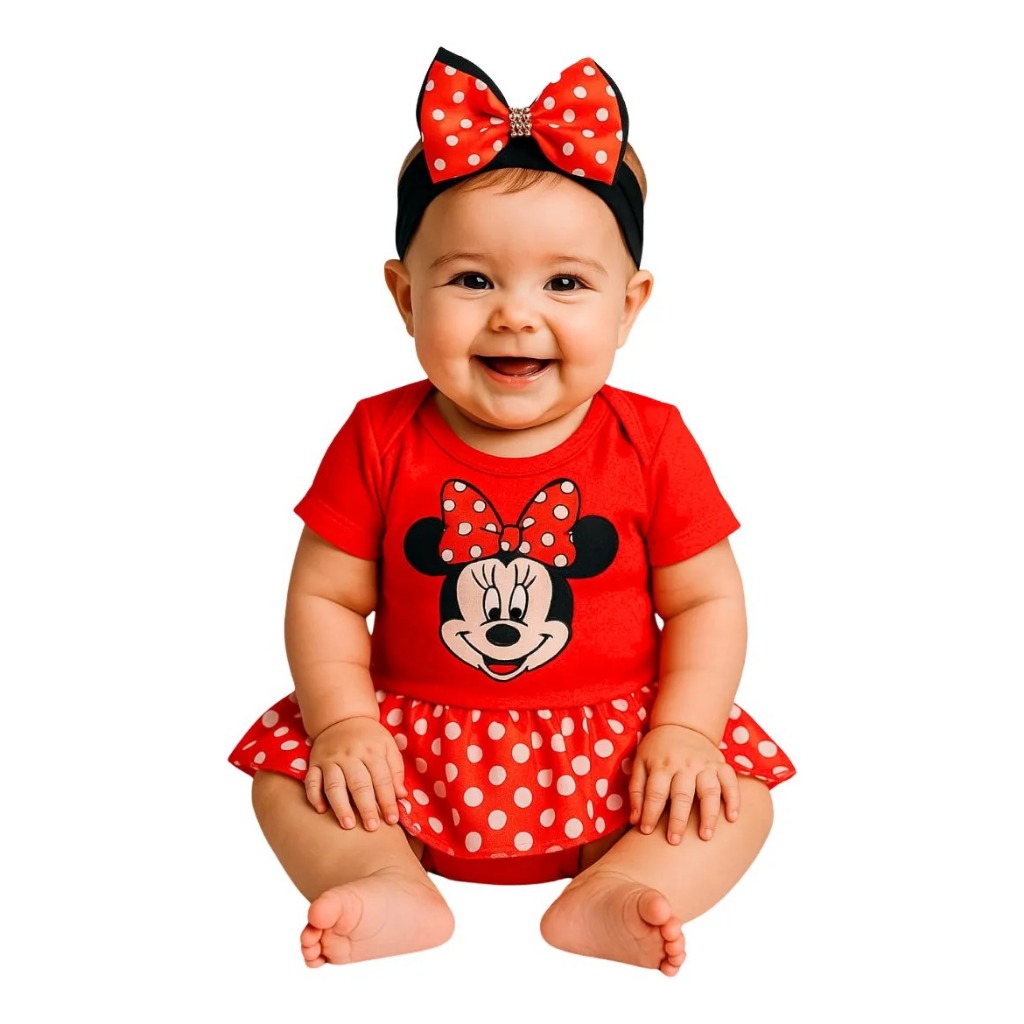 Body Bebê Tematico Menina Minnie Body + Laço temático Mesversario ...