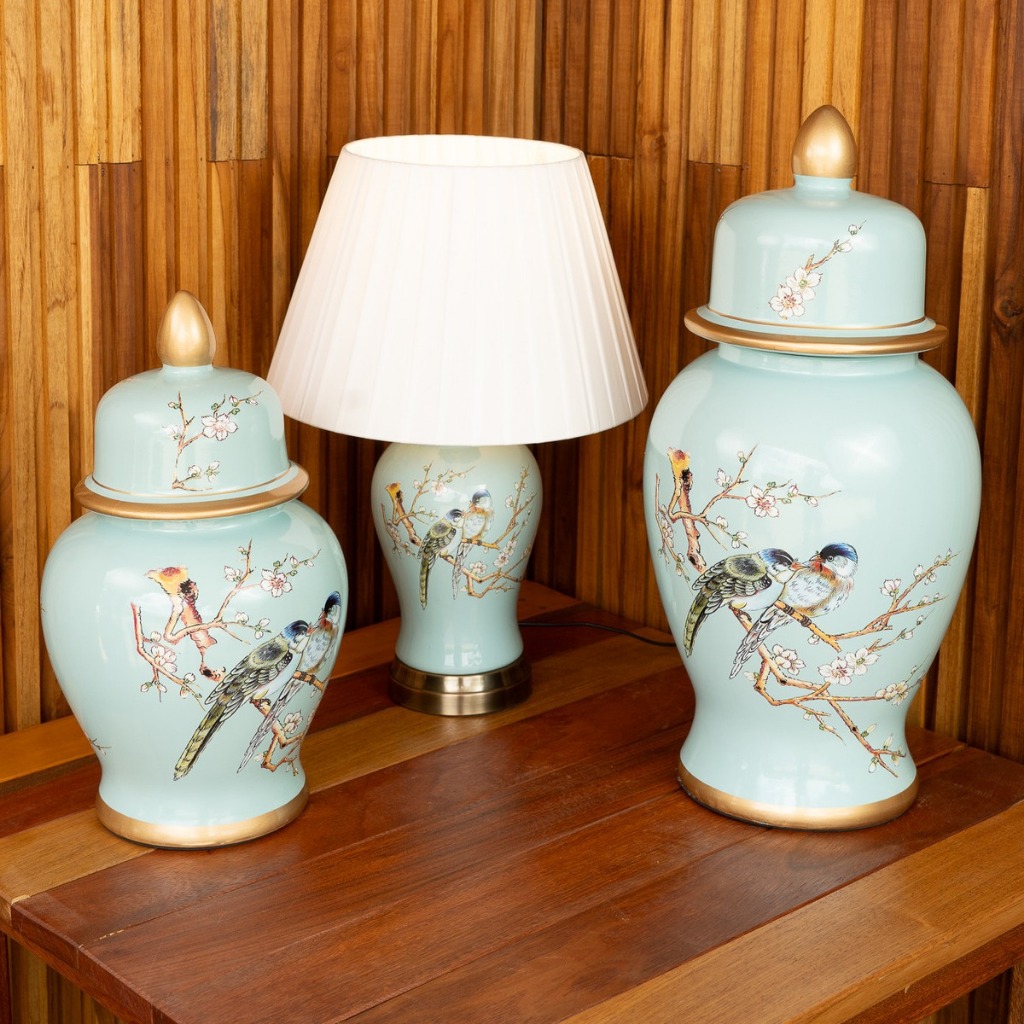 Kit Abajur E 2 Potes Porcelana Pássaros Luxo Azul-celeste 127/220v ...