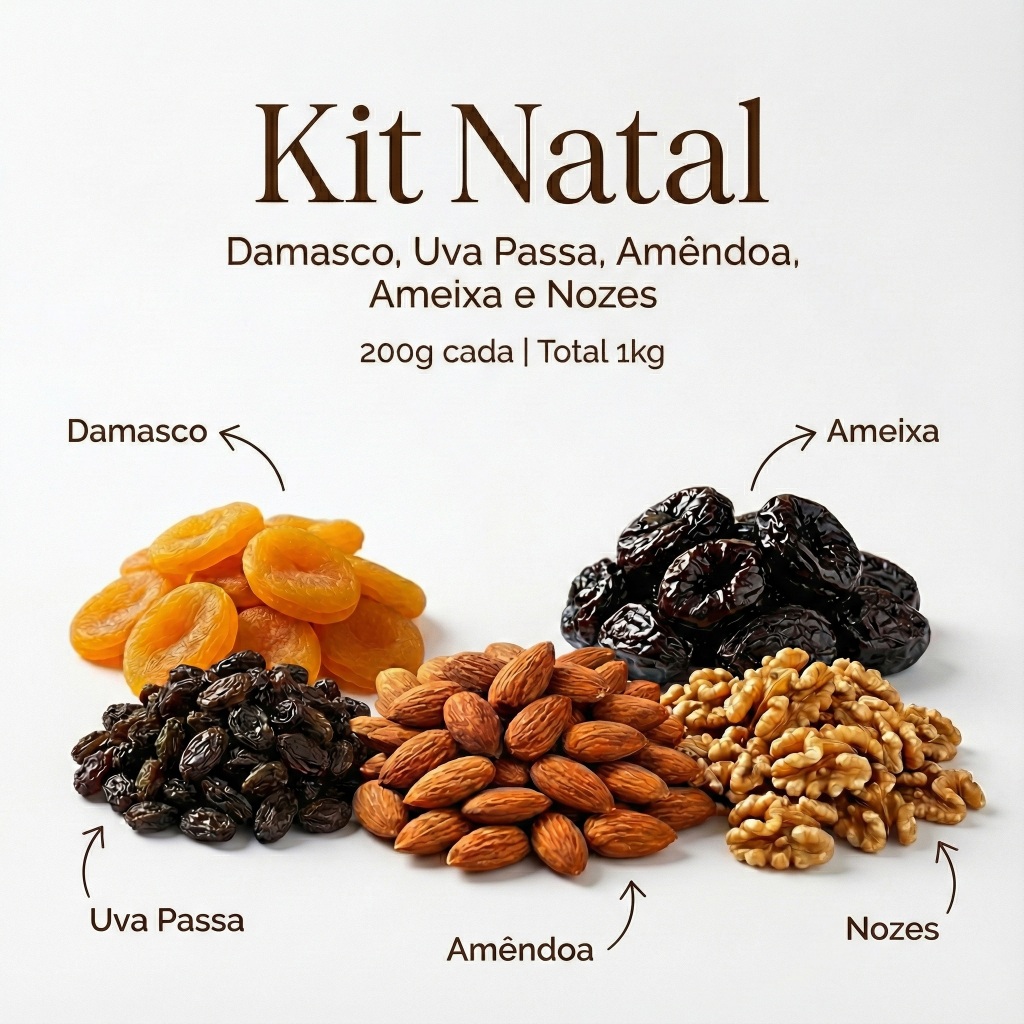 Kit Frutas Secas Natalinas: Damasco, Uva Passa, Amêndoa, Ameixa Seca e ...
