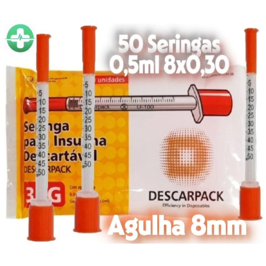 Seringa Insulina 0,5ml 50UI Agulha Fixa Ultra Fina 8,0x0,30mm 30G Botox ...