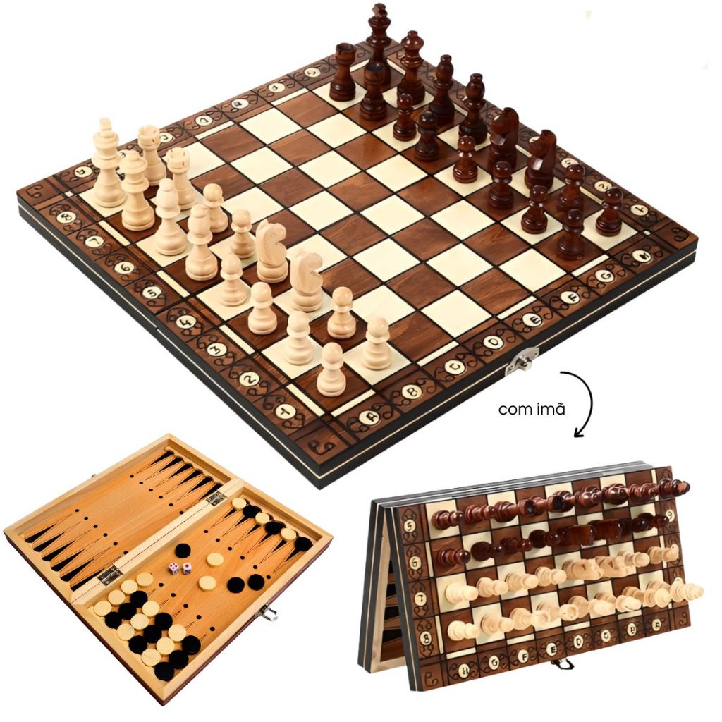 Jogo Xadrez 3 Em 1 Tabuleiro Profissional Madeira 29x29cm com imã ...