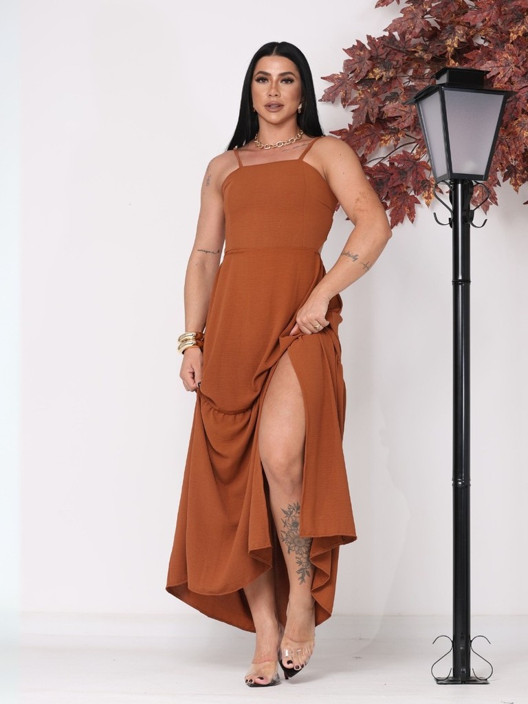 Vestido Longo Feminino Alcinha com Amarração nas Costas e Fenda Lateral ...