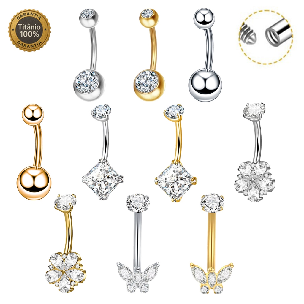 Piercing Umbigo Banana 100% Titânio Zircônia Rosca Interna Helix Orelha ...