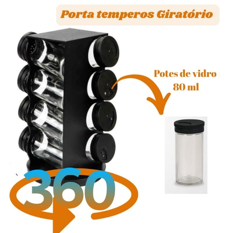 PORTA TEMPERO GIRATÓRIO PRETO COM 8 POTES DE VIDRO COM CAPACIDADE DE 80 ...
