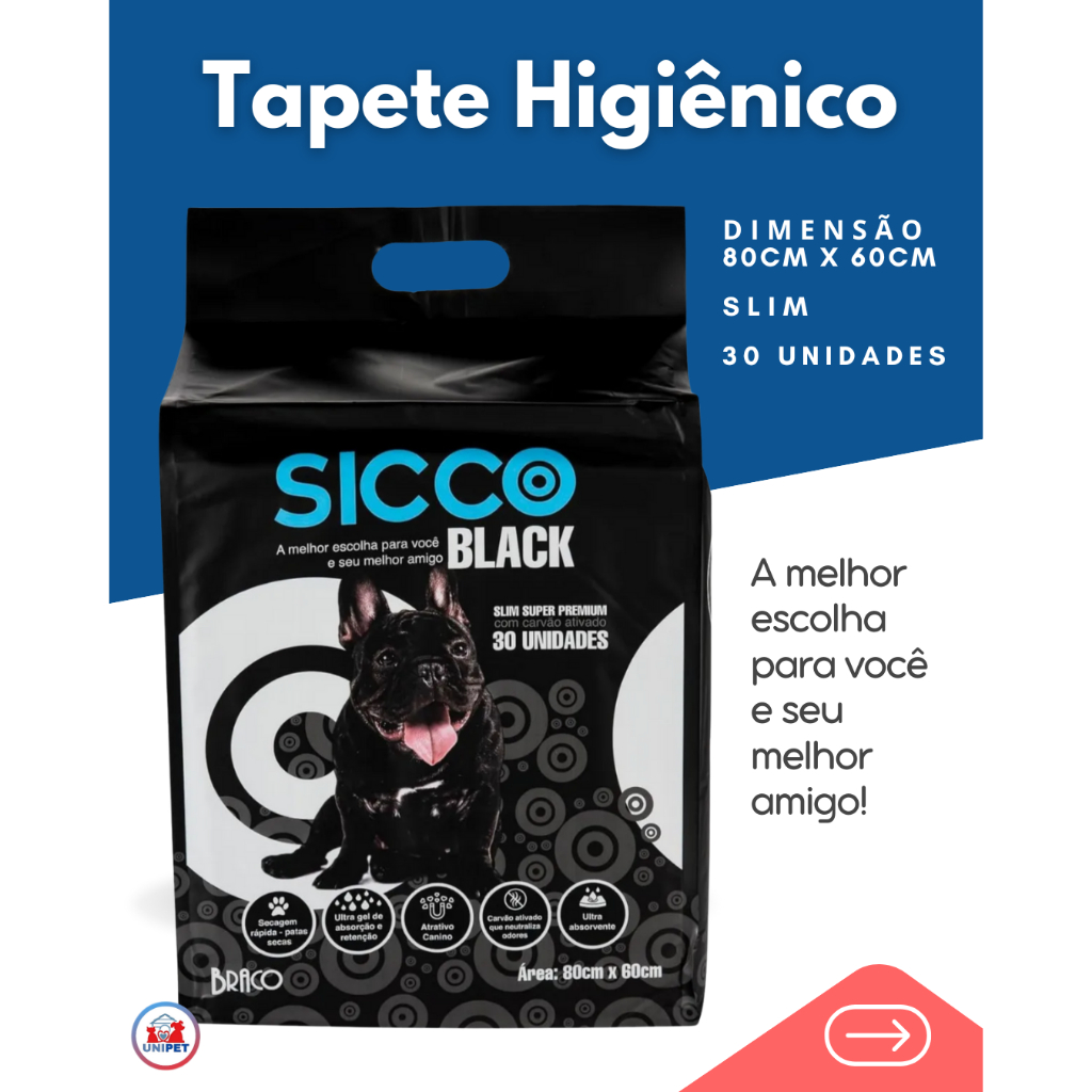 Tapete Higienico para Cães Sicco Black Carvão Ativado - 30 unidades ...