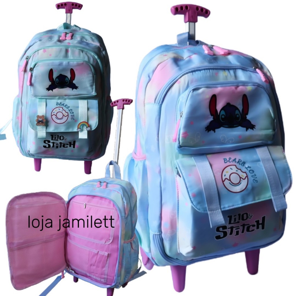 Mochila infantil menina com Rodinhas Lilo Stitch | Abre 180° + Porta ...