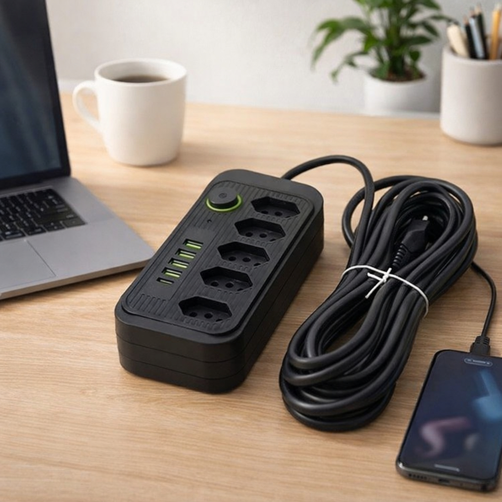 Extensão 5 Tomadas 4 USB 2 TypeC Universal Bivolt 110v/220v 2500W Power ...