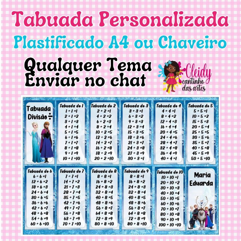 Tabuada Personalizada Plastificada/Adição,Subtração,Multiplicação ...