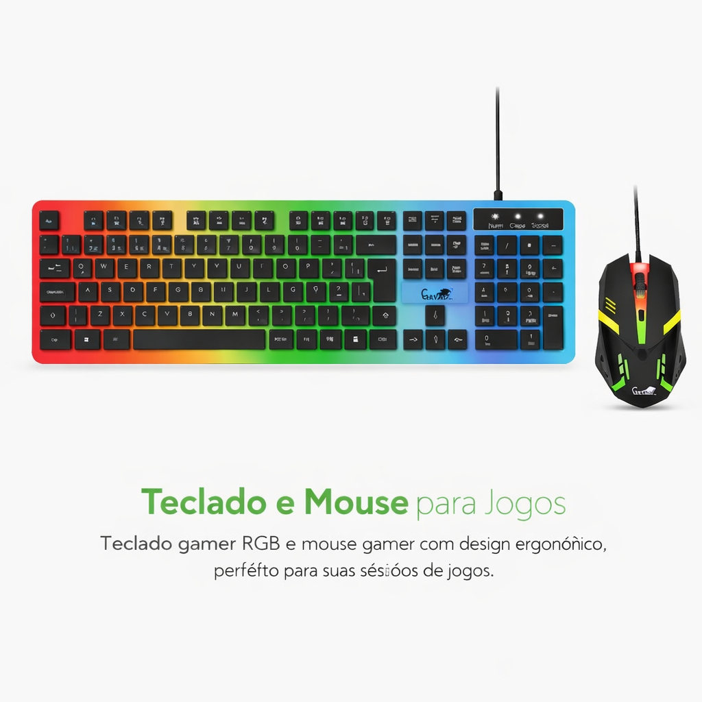 Kit Gamer Teclado Semi Mecânico RGB + Mouse 3200 DPI LED USB – PC e Notebook Jogos e Trabalho ...