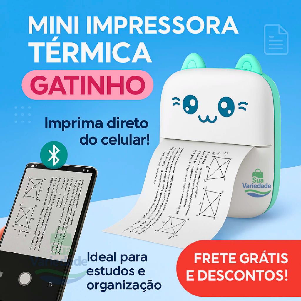 CatPrint – Mini Impressora Térmica Portátil Gatinho (Azul Claro e ...